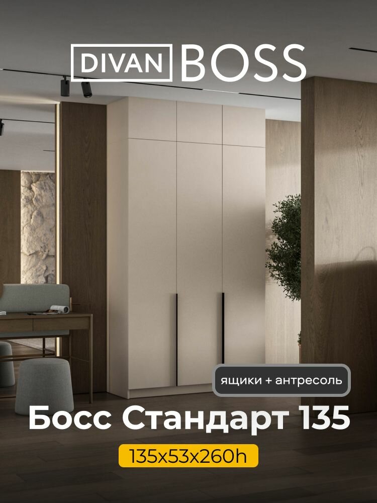 Шкаф распашной, BOSS STANDART, 135х53х260 см, 3х дверный с ящиками и антресолью, кашемир