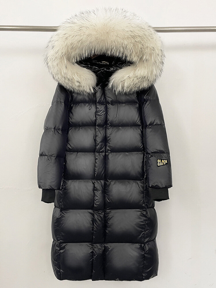 2025 г. Новая утолщенная куртка-пуховик для женщин, длинная, черная, золотая и белая, из утиного пуха, высококачественная зимняя куртка с большим меховым воротником, защищающая от холода