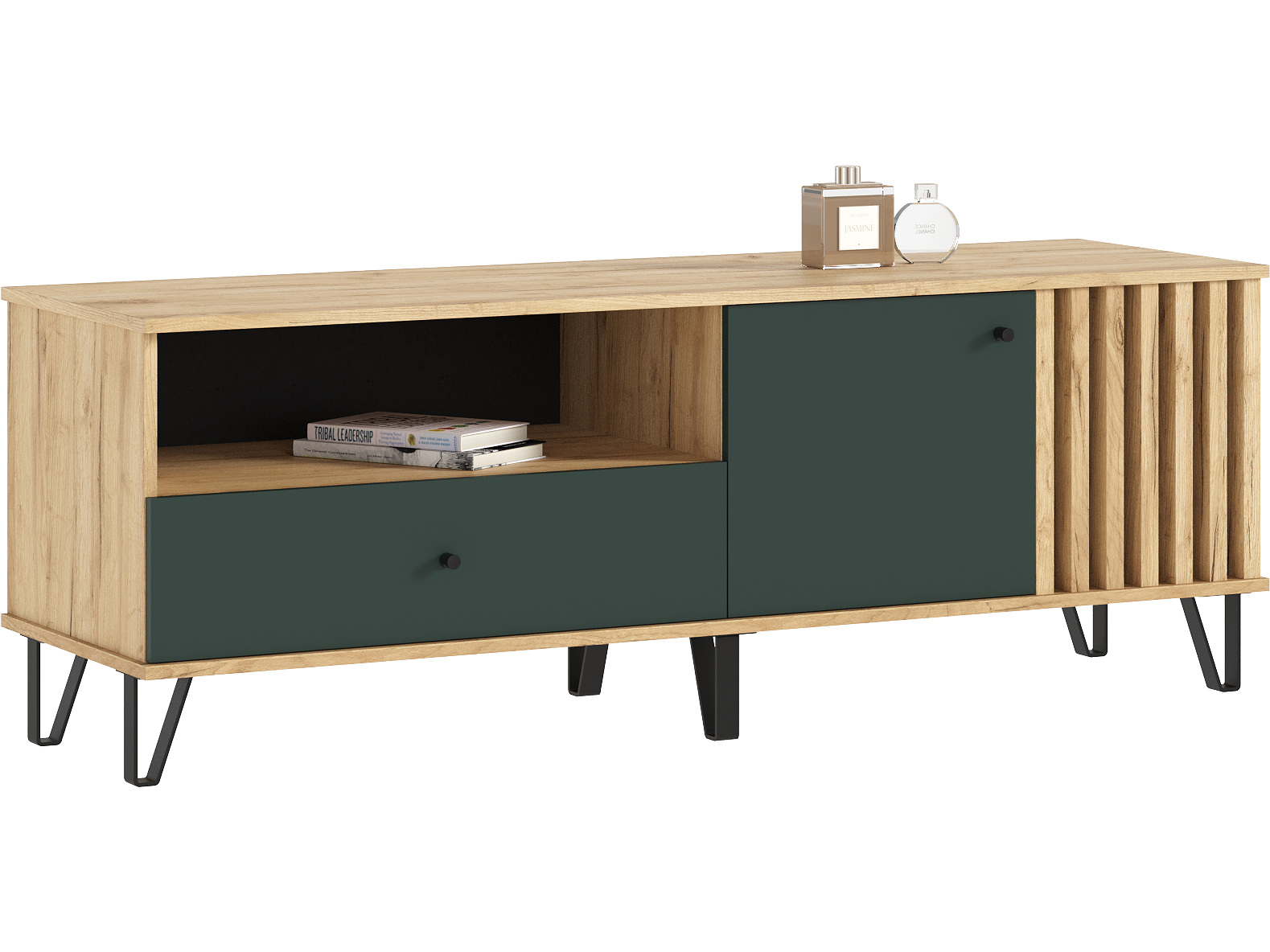Тумба ТВ 1500 на ножках, в современном стиле, Дуб крафт/Изумрудный