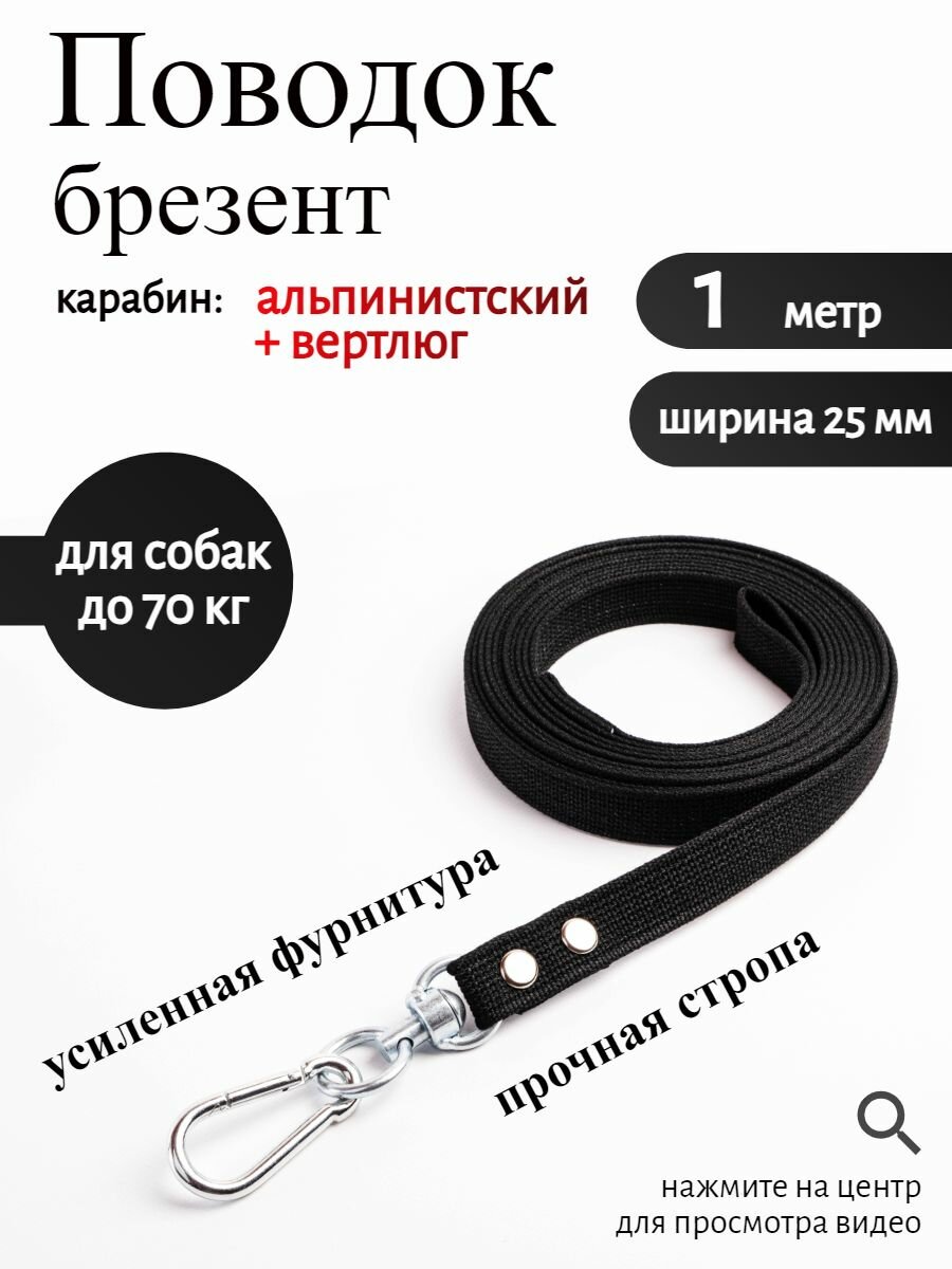 Поводок Хвостатыч для собак крупных пород брезент с вертлюгом и альпинистским карабином 1 м х 25 мм (черный)