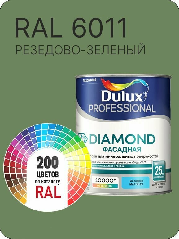 Краска для минеральных и деревянных фасадов Dulux Diamond цвет резедово- зеленый Ral 6011 0.8 л.