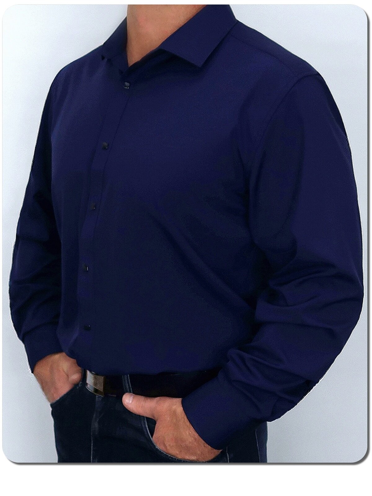 Рубашка приталенная с длинным рукавом мужская рубашка, темная сорочка на кнопках, рубаха на любой сезон, синяя однотонная, без карманов, на любой сезон и на лето рубашка Slim fit с приталенным кроем зауженная