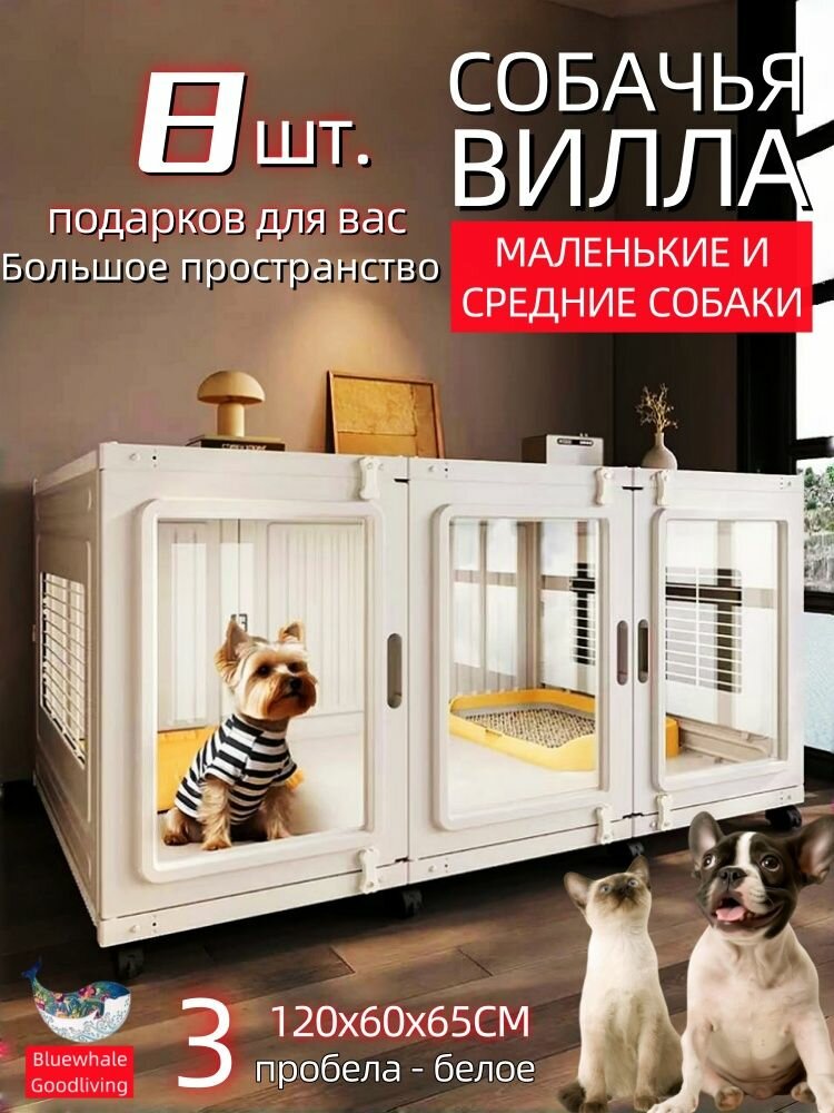 Клетка для собаки. Прозрачная клетка для домашних животных. Подходит для собак маленьких и средних размеров. Белый/3 пробела. Подарок для друга.