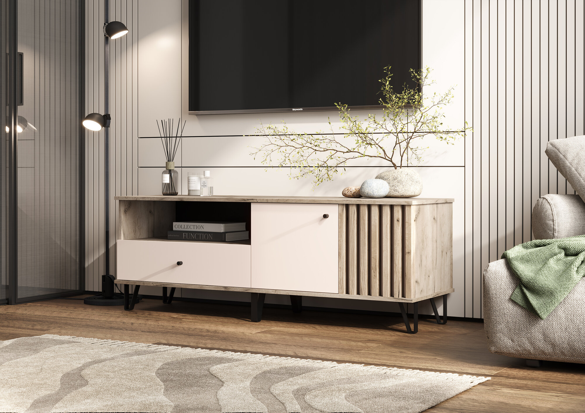 Тумба под ТВ Миф Роджина (1500) (Кашемир, дуб крафт серый) 1502х511х426 мм