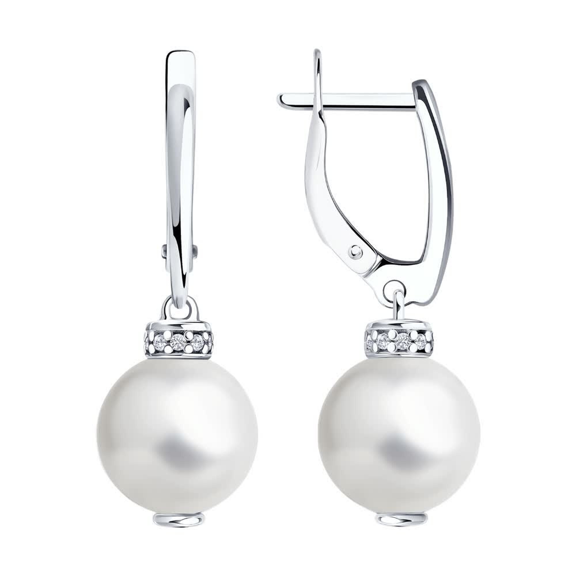 Серьги, серебро, 925 проба, родирование, жемчуг Swarovski синтетический, фианит