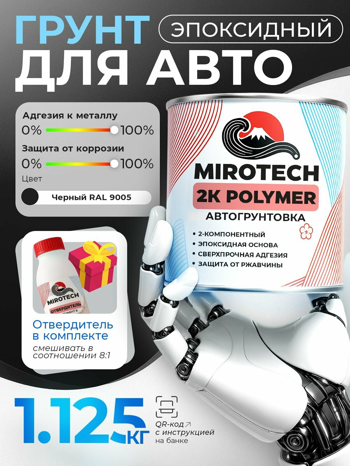 2К автогрунтовка двухкомпонентная MiroTech Polymer/ Эпоксидный грунт для авто антикоррозионный высокопрочный, цвет черный RAL 9005 (1 кг + 0,1 кг отвердитель)