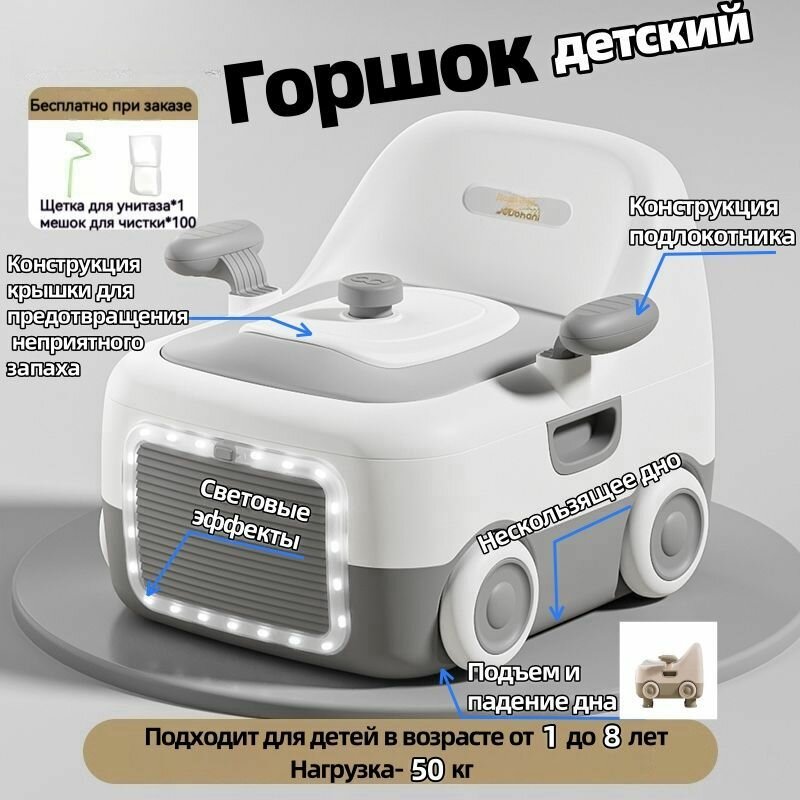 Горшок детский с мягким сиденьем , ручкой и крышкой, световые эффекты, мягкое сиденье подходит всех детей