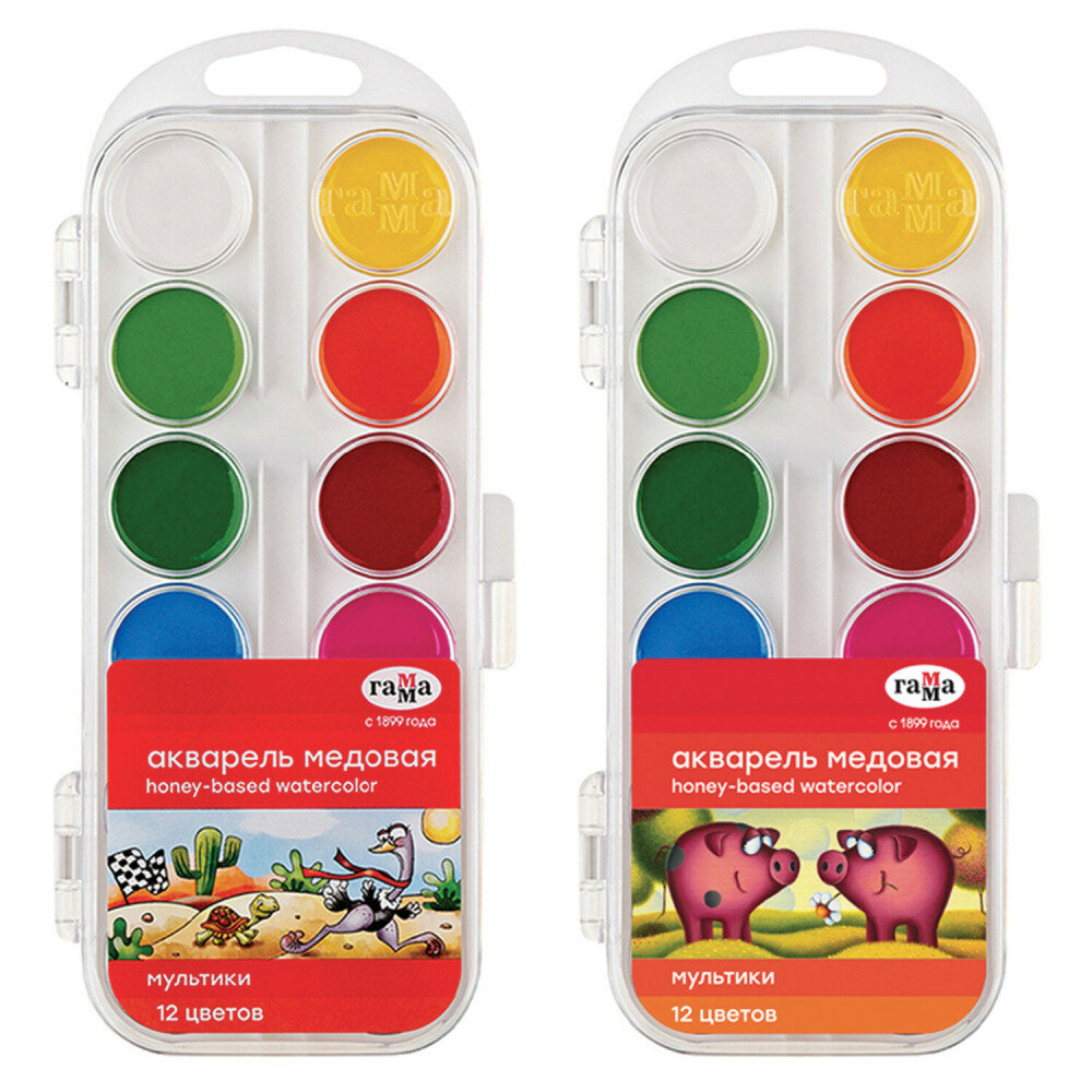 Краски акварельные гамма "Мультики" 12 цв медовая без кисти пласт кор европодвес 211046_12 1 шт