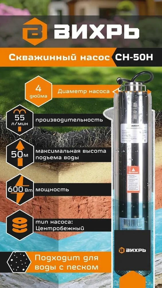 Насос скважинный Вихрь СН- 55 (95л. мин/55м. напор) 550Вт, глубина50м. кабель20м Диаметр 90мм ду32