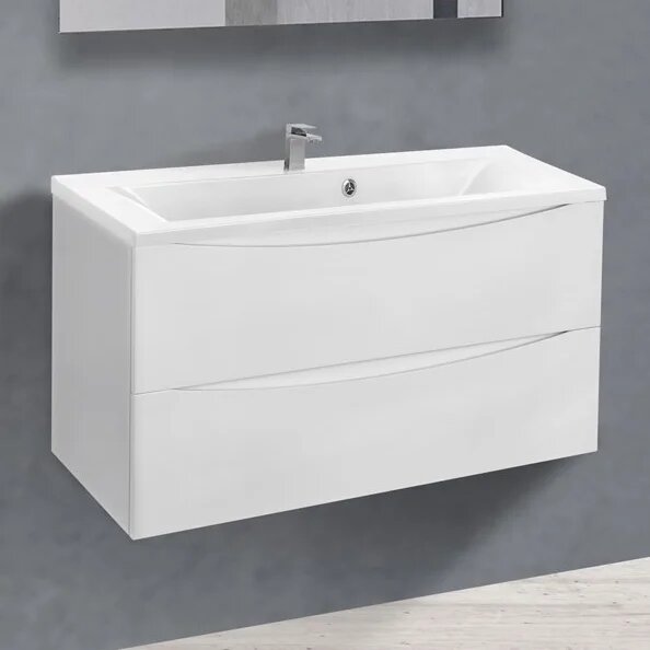 Тумба с раковиной Vincea Mia 90 подвесная, 90 см, белая, глянцевая, из МДФ, с ящиками, раковина для ванной, из искусственного камня, прямоугольная