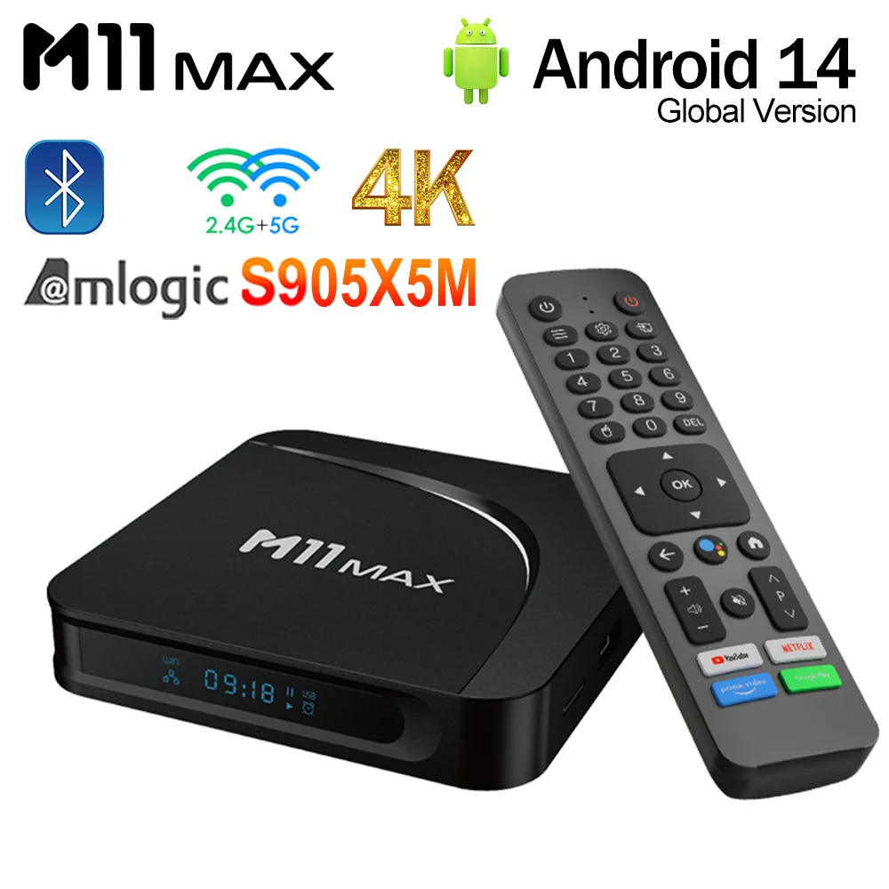 M11 Max Android 14 Smart TV Box Amlogic S905X5M 4K HD AV1 Set Top Box HDR10+ 2.4G&5G Wifi6 AI-SR Media Player 4GB 32GB
