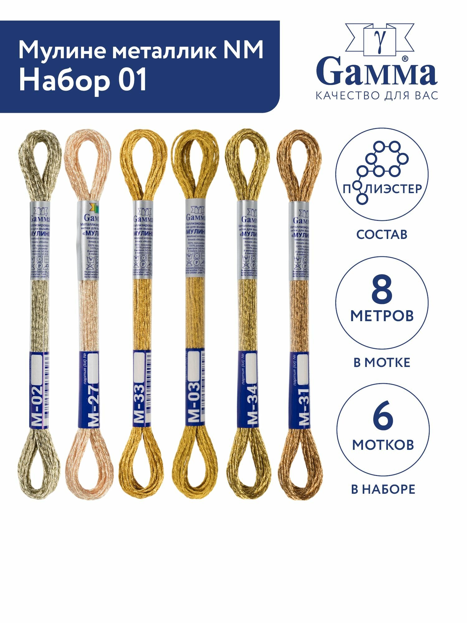 Нитки мулине металлизированные Гамма 7 штук NM_8 набор ассорти №01