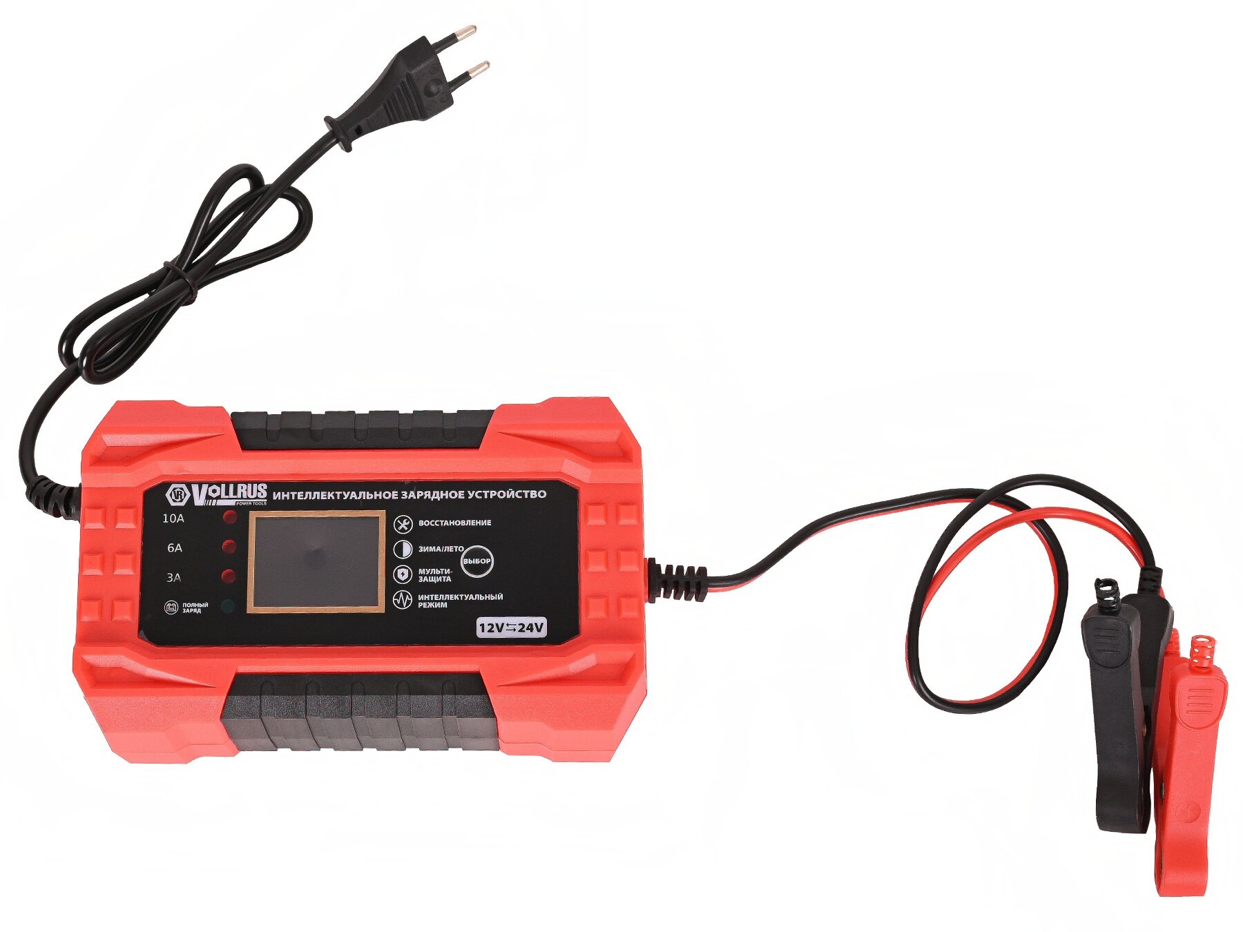 Зарядное устройство VOLLRUS smart VR-20A 12В-24В, 3-6-10A, импульсное красный