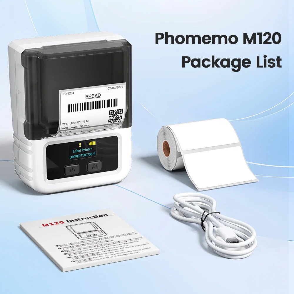 Мини-принтер этикеток Phomemo M120, термобеспроводной Bluetooth-принтер этикеток, 20-50 мм, этикетки разных размеров, сделай сам, для офиса или дома, white printer