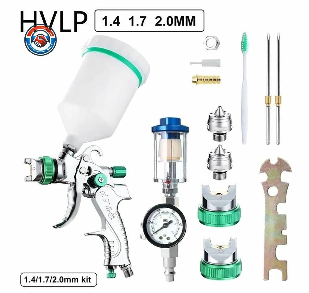 Пневмоаэрограф HVLP, 3 сопла 1.4/1.7/2.0 мм, 600 мл чаша, регулятор давления и фильтр, распылитель для грунтовки, лака, покраски авто, мебели и техники, алюминиевый корпус