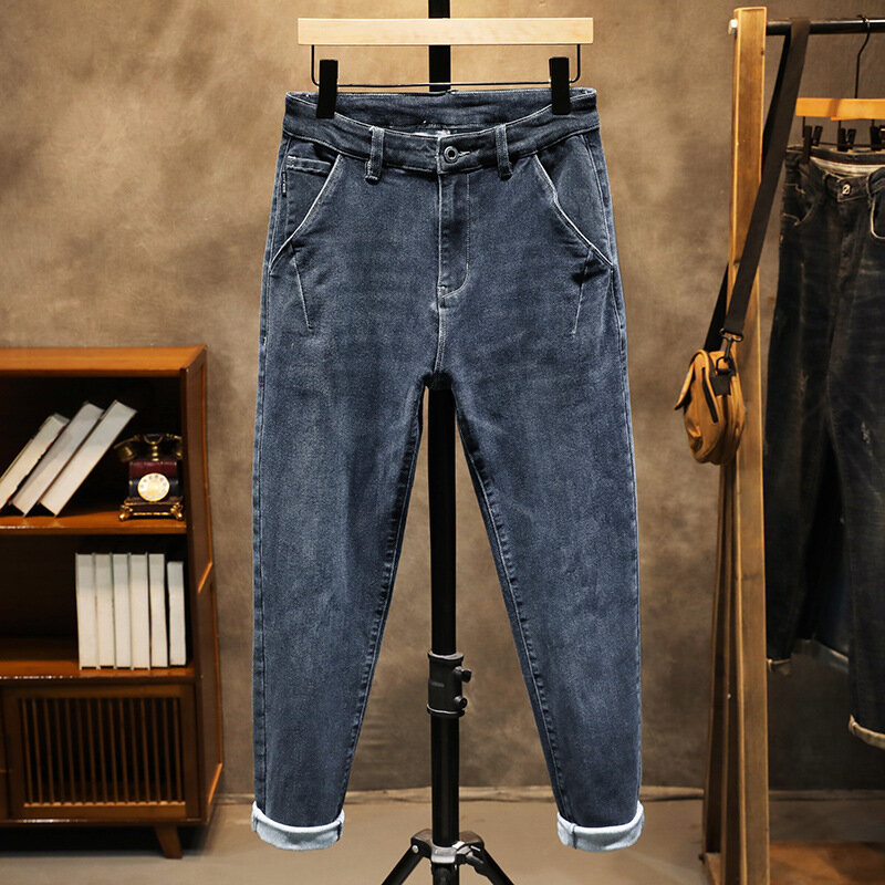 Охоты Брюки JYL Чистый цвет Харун повседн. мал. прямой нога джинсы муж. тренд. свободн. эластич. плус размер деним штаны муж. Грей/32