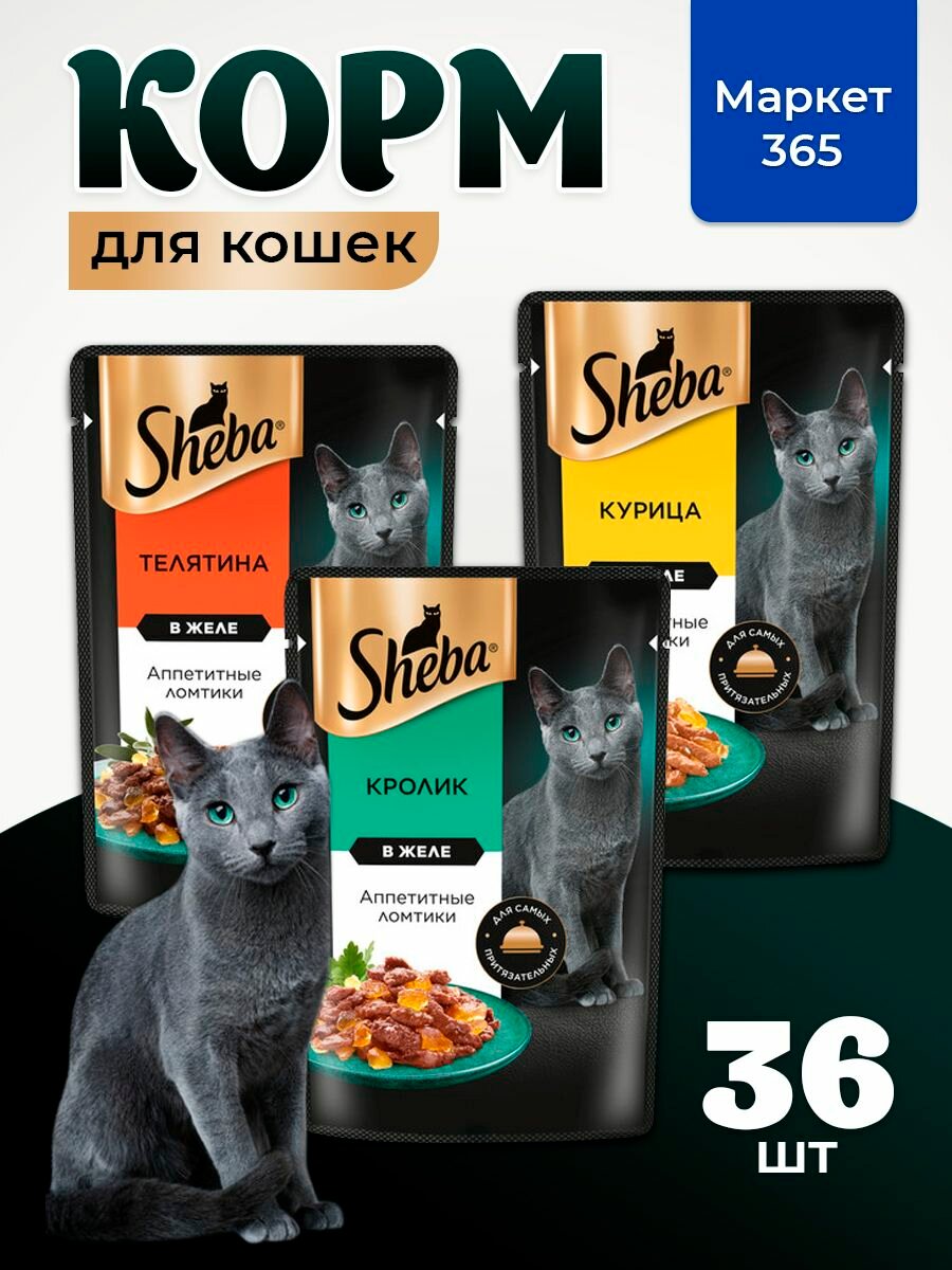 Влажный корм для кошек Sheba. Набор "три вкуса". Кролик, курица, Телятина. (Ломтики в желе, 36 шт х 75 г)