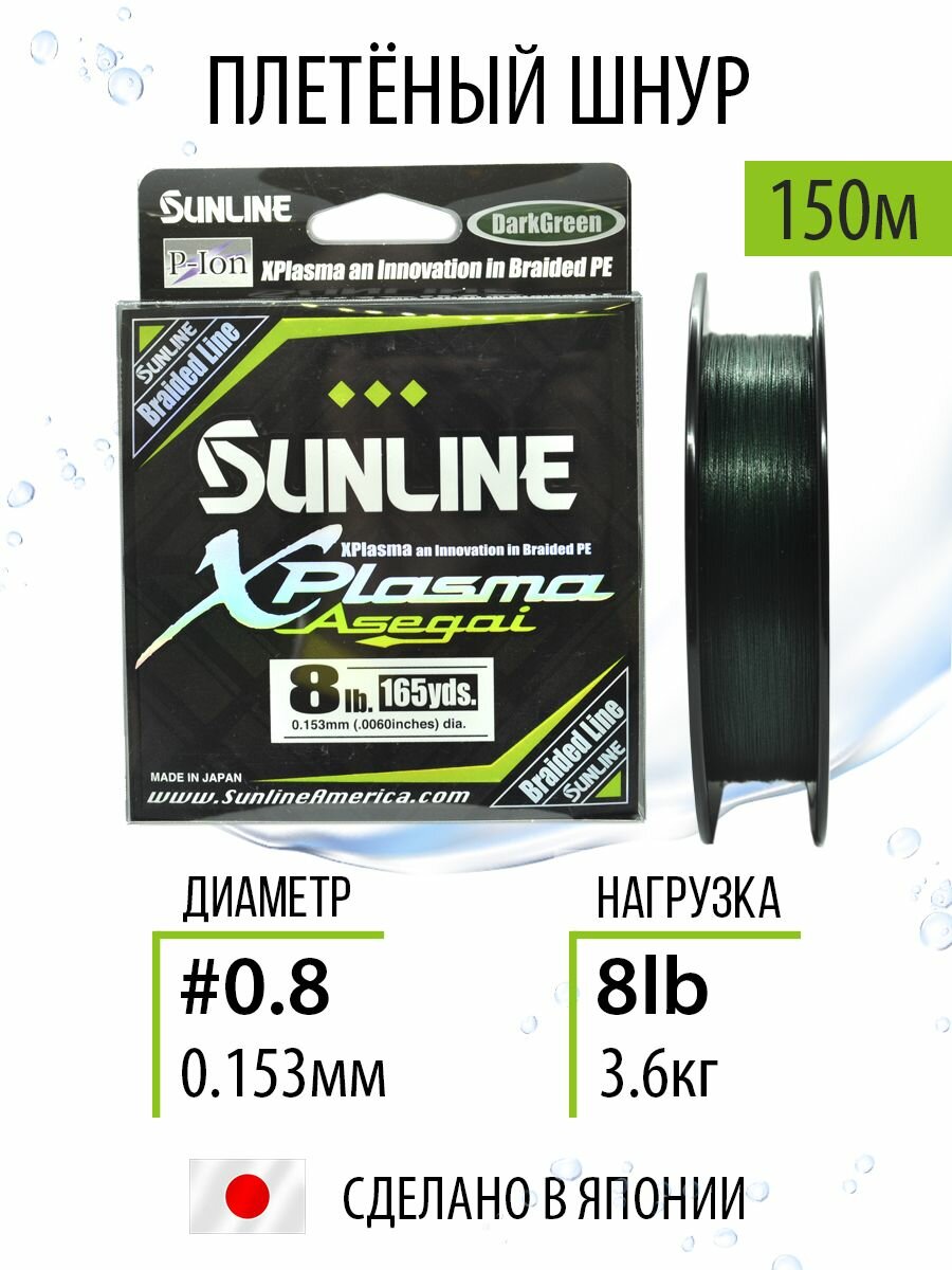 Плетёный шнур Sunline X-Plasma #0.8/8lb 150m Dark Green, плетенка рыболовная