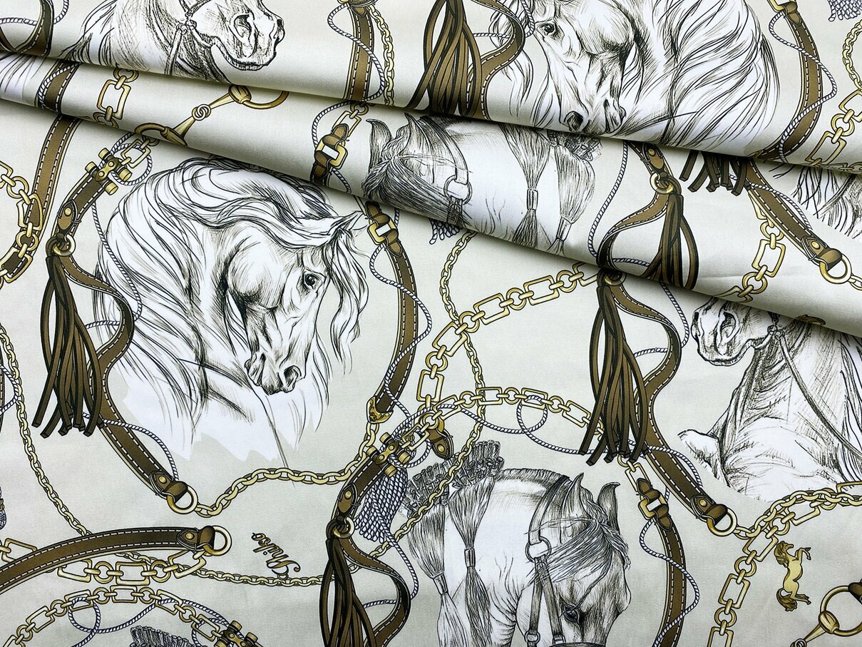 Ткань Хлопок кремового цвета с принтом лошади 14430