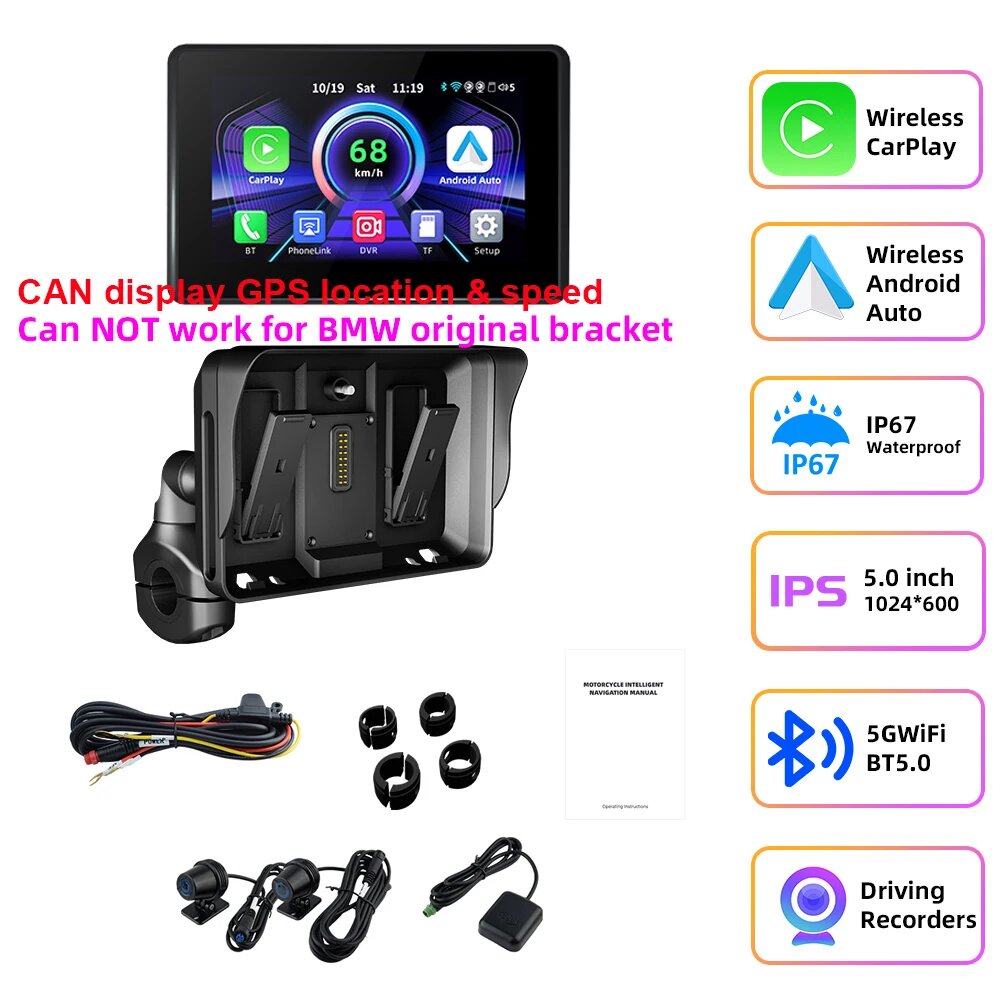 EKIY M3 5-дюймовый мотоцикл, беспроводной CarPlay, Android, автоматический экран, водонепроницаемый портативный универсальный мотоциклетный GPS-монитор, видеорегистратор, камеры Нет, M3-DVR