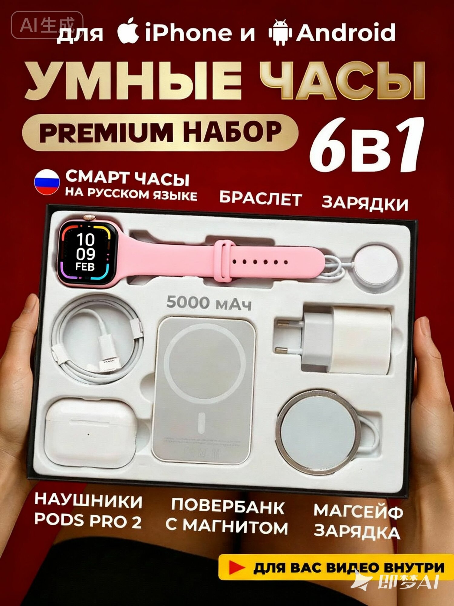 Смарт часы Smart Watch Ultra 9 Набор 6в1: умные часы, беспроводные наушники, магнитная зарядка для iPhone, портативное зарядное устройство, подарок