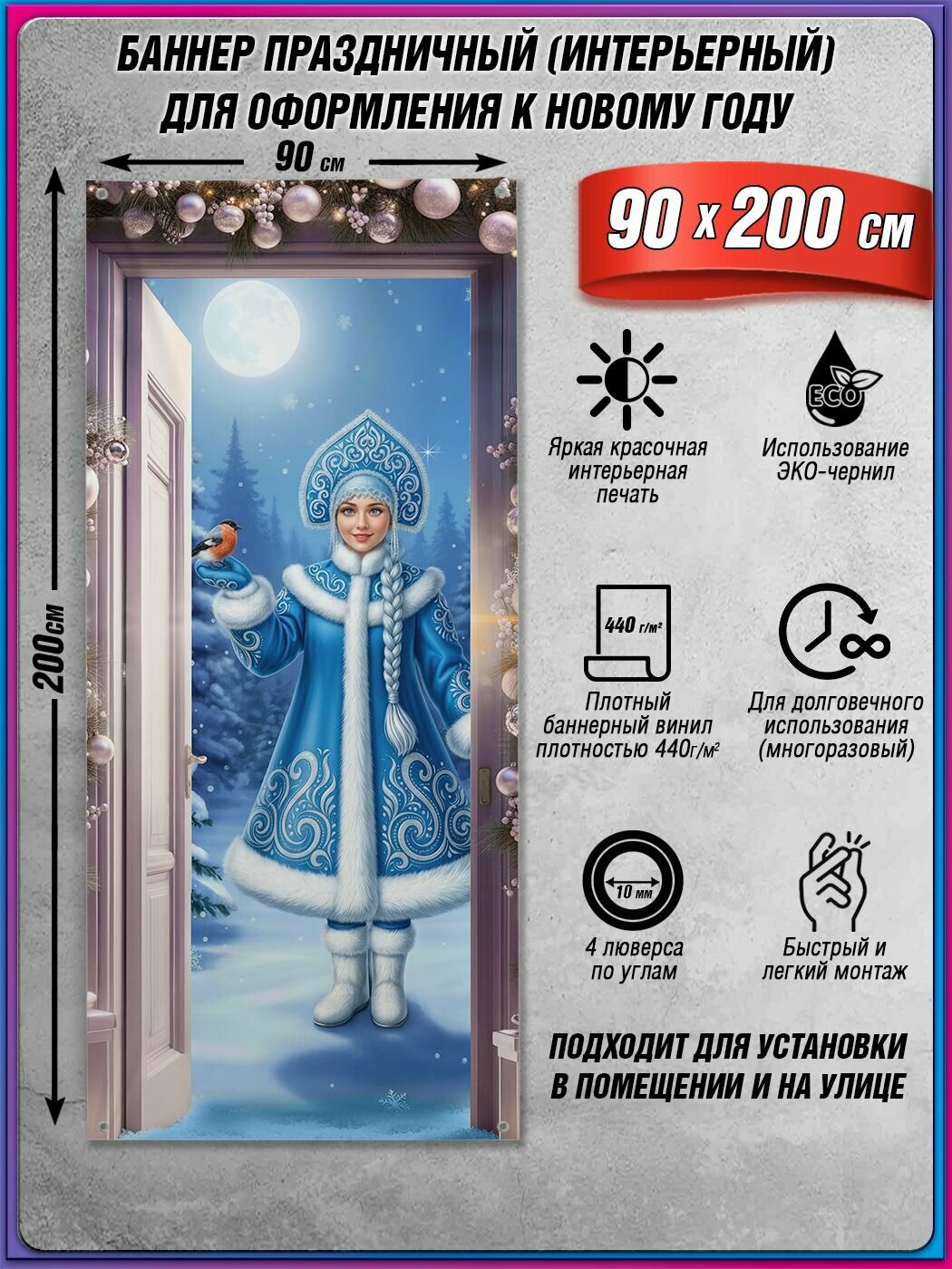 Баннер к Новому году с люверсами / Новогодний фон для фотозоны / Баннер на дверь / 90х200 см