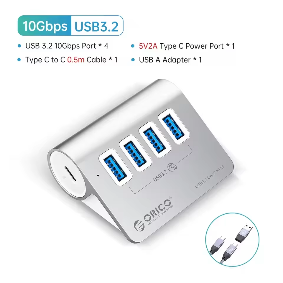 ORICO USB 3.2 HUB 10Gbps с алюминиевым корпусом, SuperSpeed, питание PD60W, адаптер питания, разветвитель Type C для MacBook, ПК, 8 портов, USB 3.1, материал алюминиевый сплав, поддержка Windows Mac OS Linux