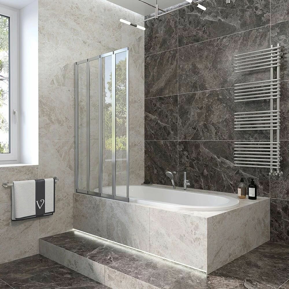 Шторка для ванной стеклянная (ширма) Veconi Palau PL-74L, 120 см стекло прозрачное, профиль хром глянец PL74L-120-01-19C4