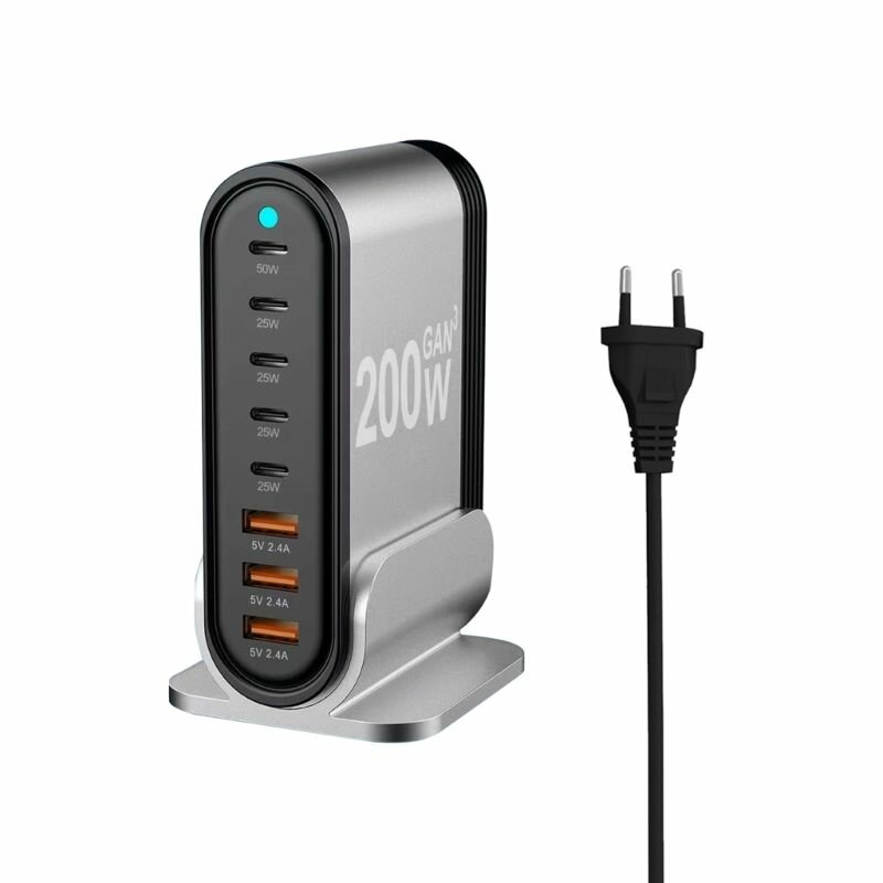 Настольное зарядное устройство из алюминиевого сплава мощностью 200 Вт 3USB + 5Type C-Европейский стандарт