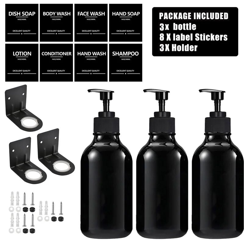 500 мл черная пустая бутылка, набор дозаторов для шампуня, контейнер для хранения геля для душа в ванной комнате с белой/черной этикеткой, аксессуары для ванной комнаты