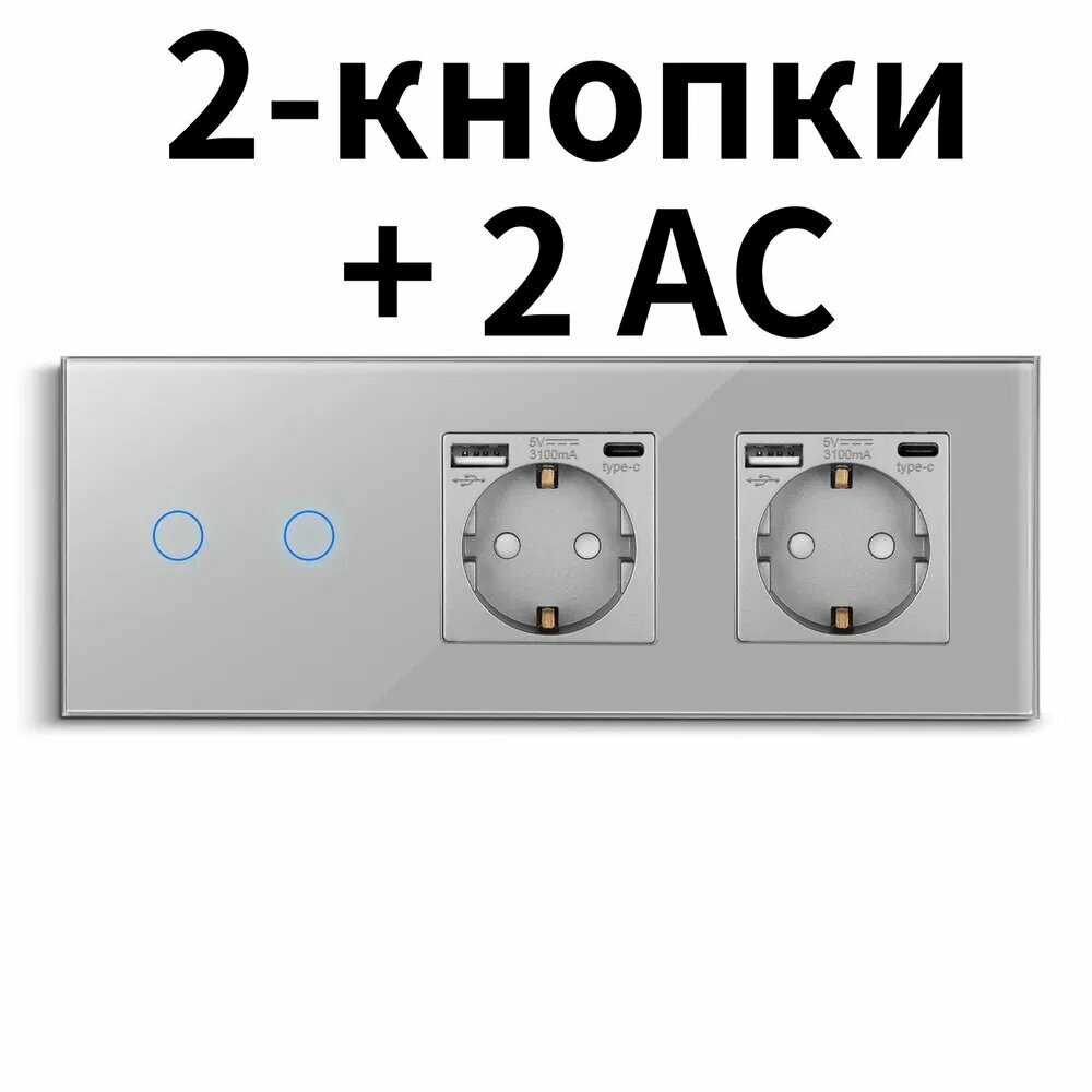 Сенсорный Выключатель двухклавишный с двумя розетками с USB и type-C ,2 клавиша 2 розетки, панель стекло серый,228mm