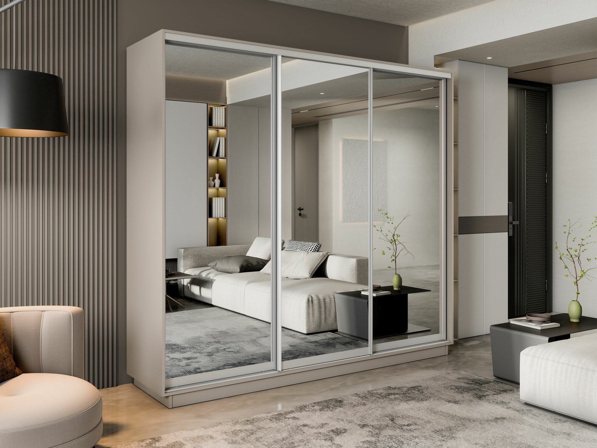 Шкаф купе Вилли 3-х дверный ЛДСП, зеркальные двери, профиль серебро 180 см х 220 см х 45 см (Кашемир)