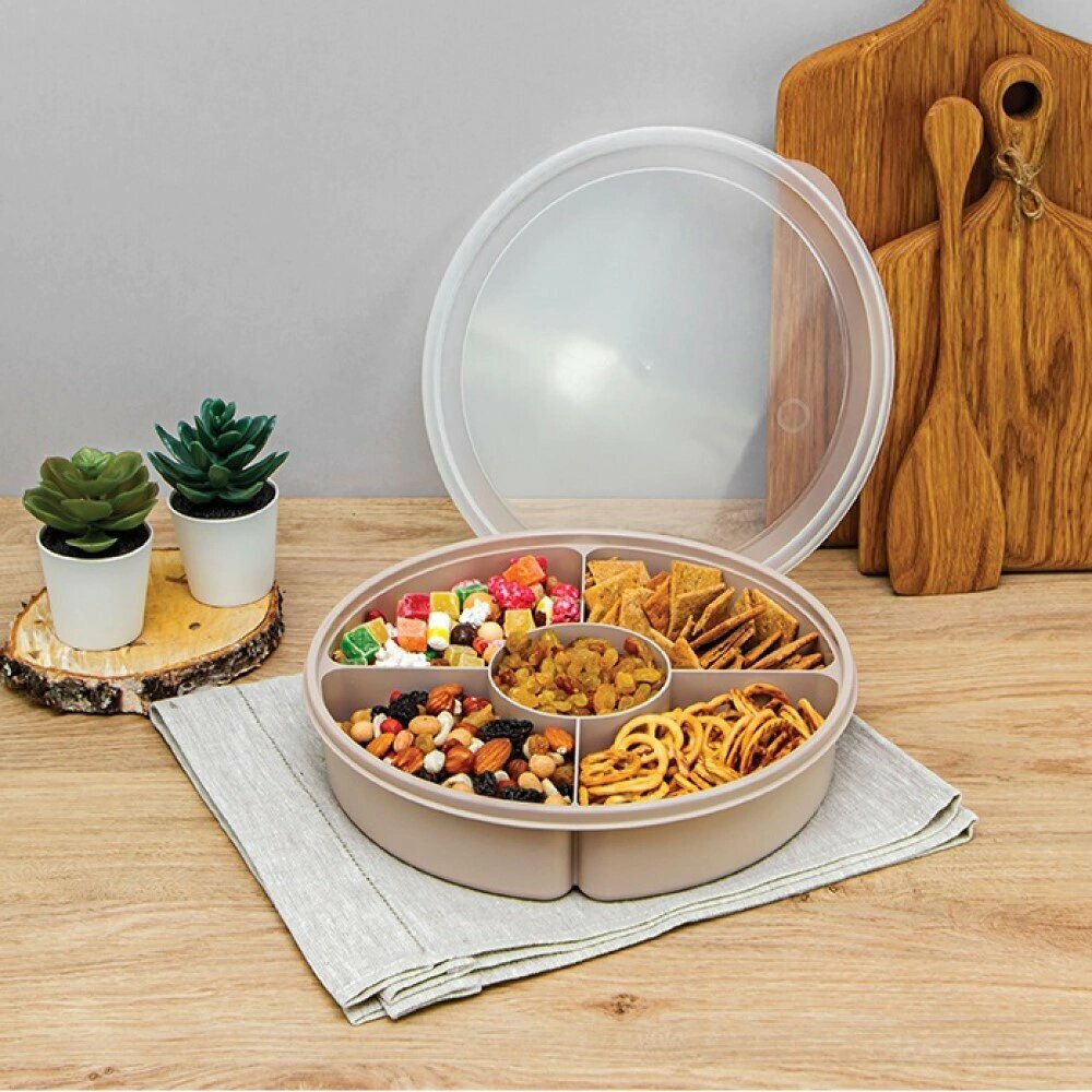 Менажница IDEA с крышкой, 5 секций, бежевая, пластик, диаметр 25,5 см