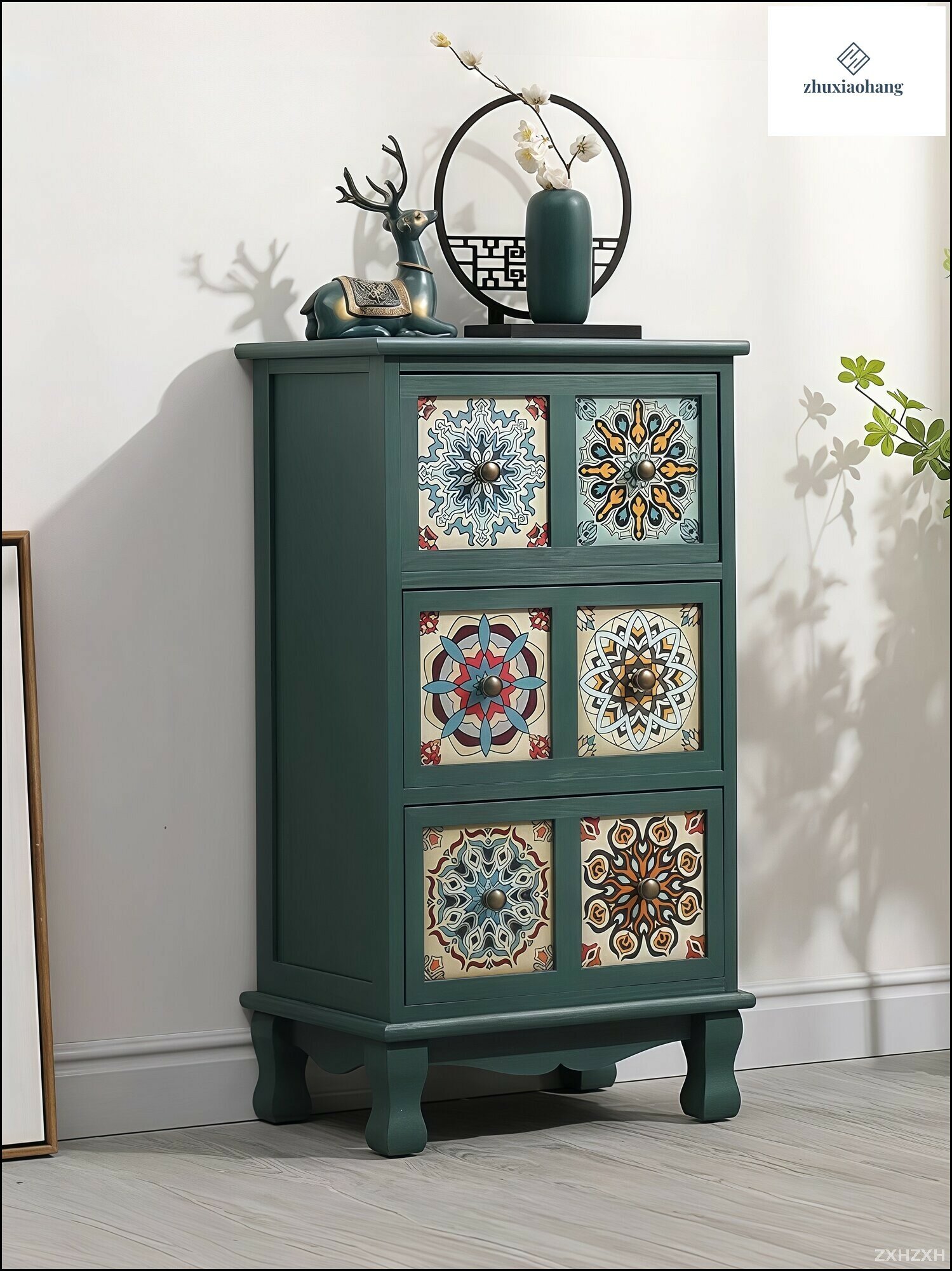 Эксклюзивный комод артдеко в зеленом цвете для дома с одним ящиком 43 на 79 см