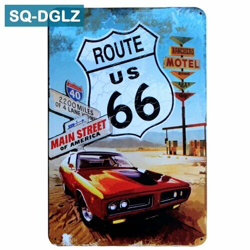 Металлическая табличка Route 66, ретро автомобиль, цвет 0185