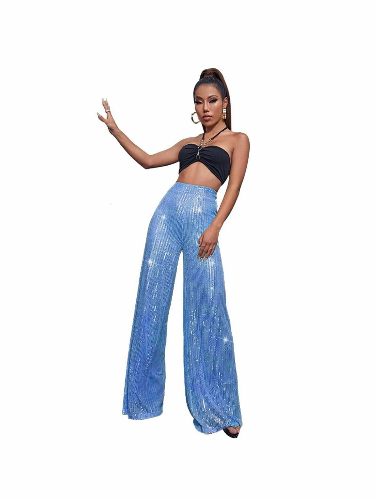 Блестящие женские брюки-клеш, Небесно-голубой - XXL