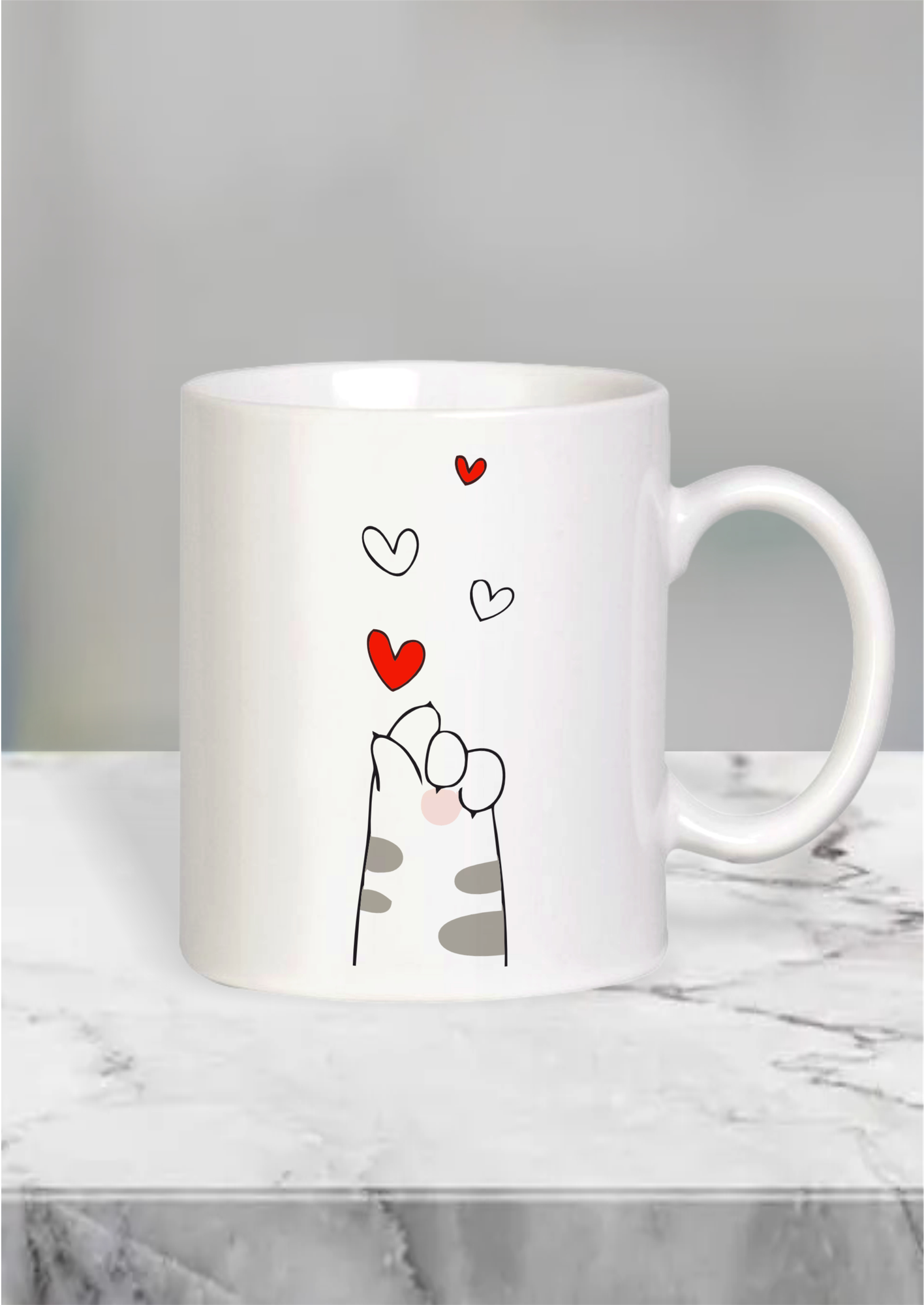 Белая подарочная кружка из керамики с приколом и мемом для влюбленных с лапкой котика и сердечками для чая и кофе 330 мл
