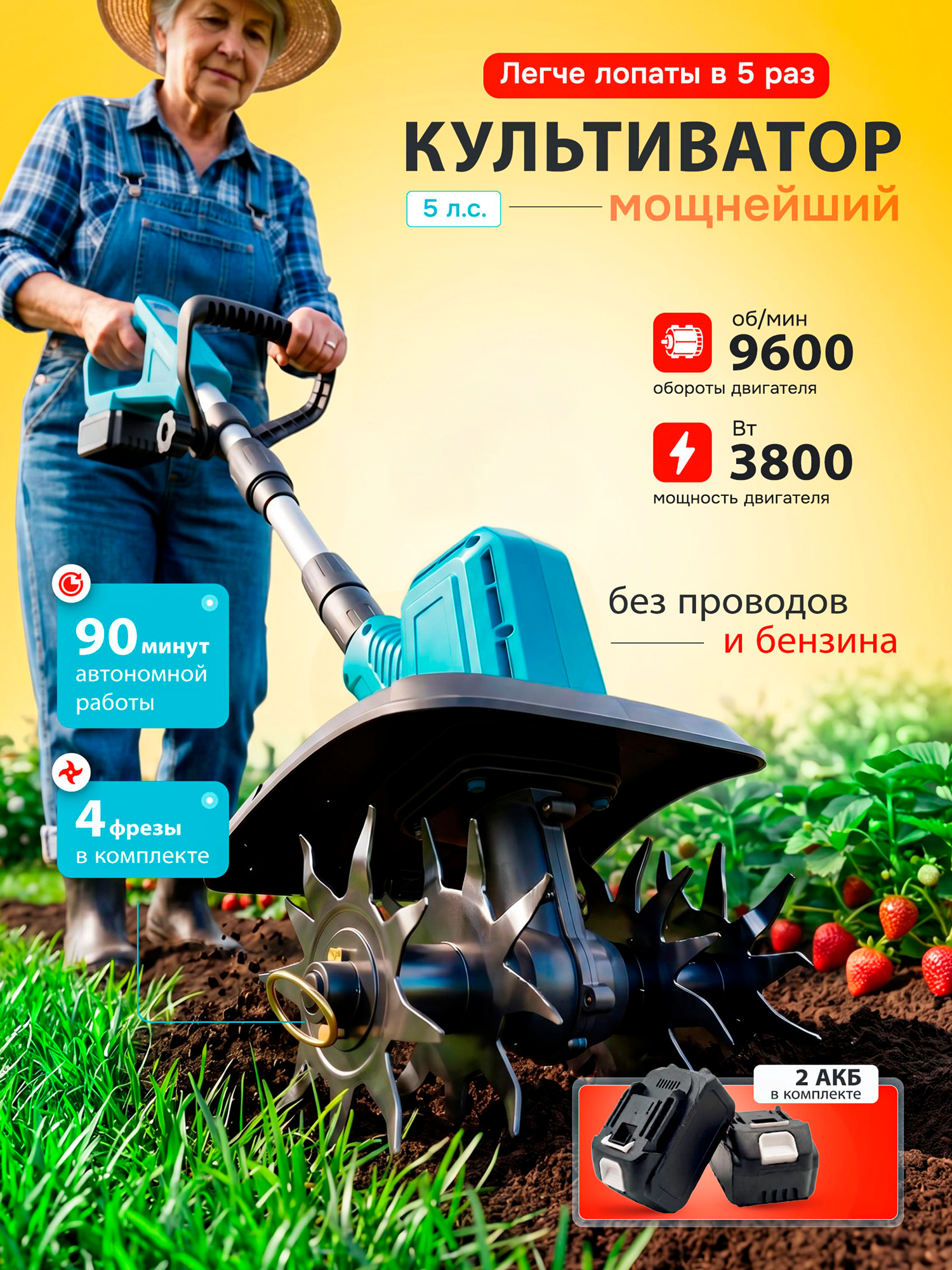 Культиватор аккумуляторный для дачи сада грядок мощный с 2 АКБ