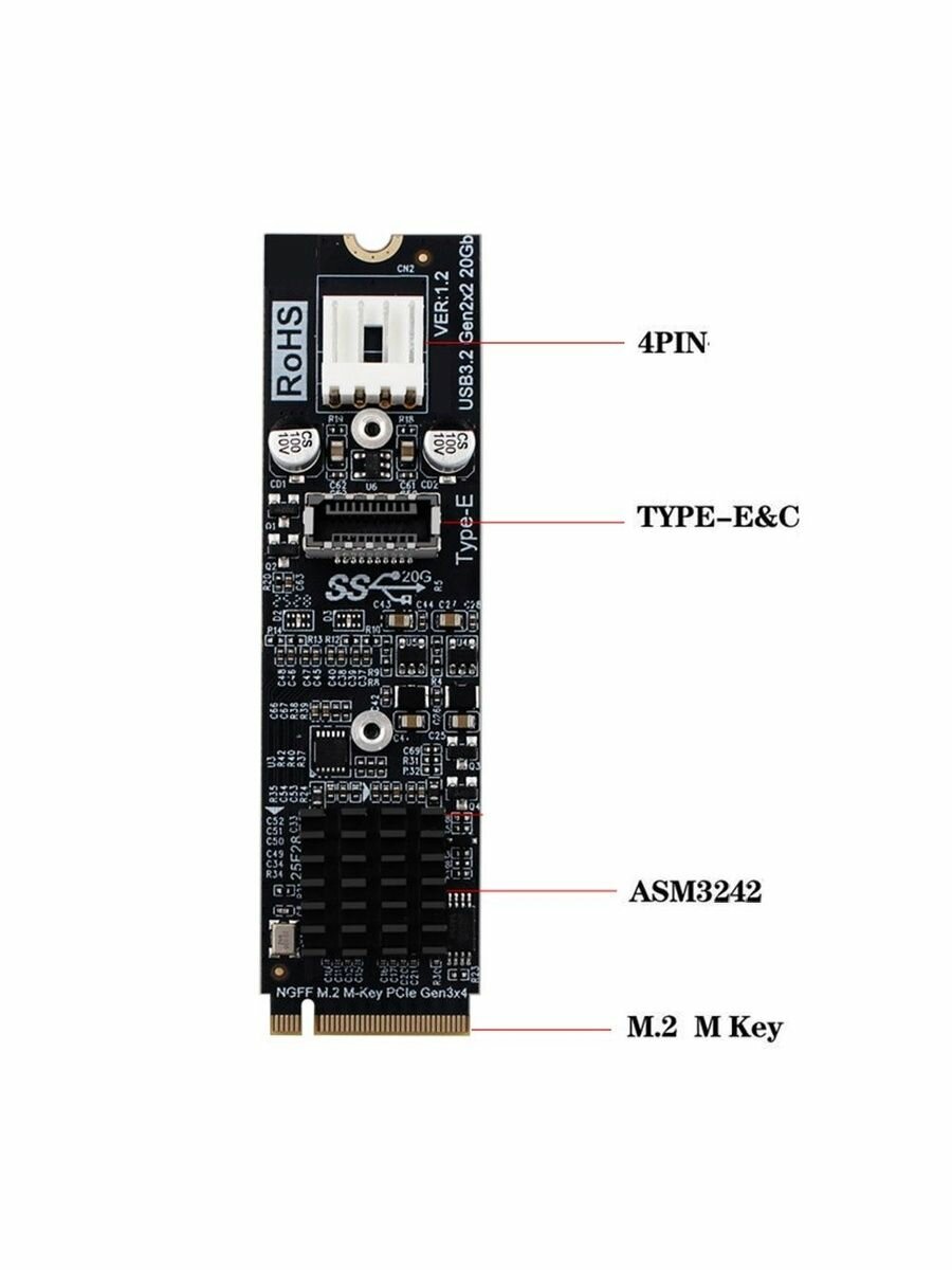 M.2 контроллер USB 3.2 Gen2x2 ORIENT M2-U3242PE-E, 20 Гбит/с, Type-E, PCIe Gen3x4, ASM3242
