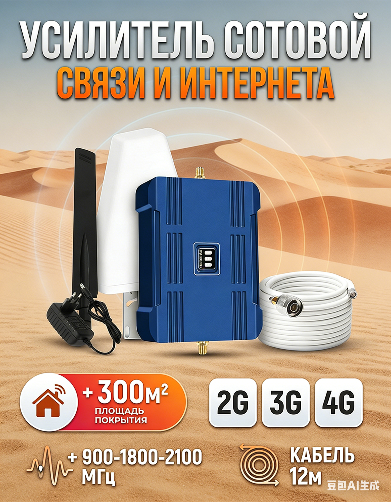 Усилитель сотовой связи 900/1800/2100 МГц (2G/3G/4G): до 70 км, направленный, синий, 1.3 кг