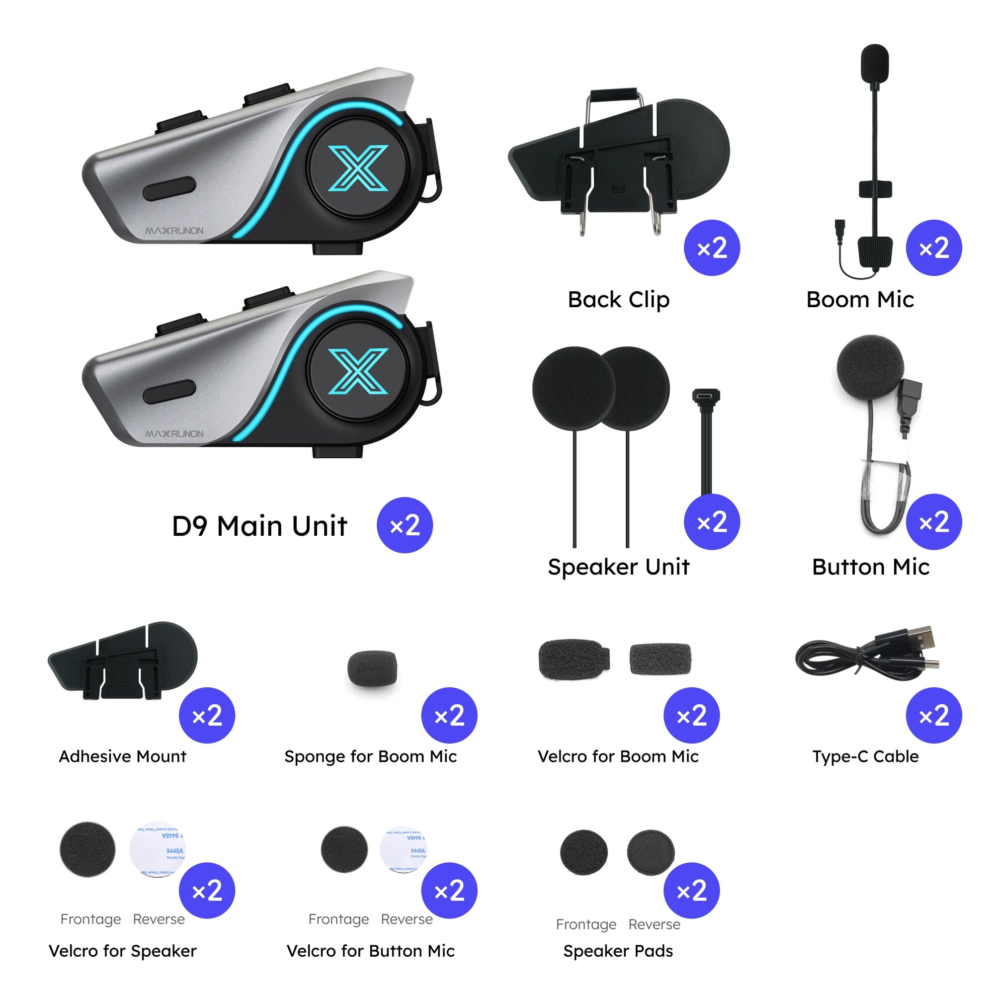 MAXRUNON D9 Мото Bluetooth Интерком для Шлема 1000м Дальность, BT5.3, Динамики 40мм HiFi, 2PCS D9