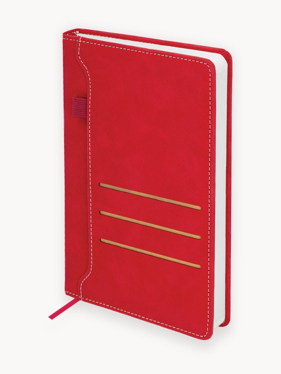 Ежедневник недатированный А5 138х213 мм, блокнот для записей 160 листов с держателем для ручки и карманами на обложке, планер планинг, записная книжка, обложка под кожу красная, Brauberg, 116606
