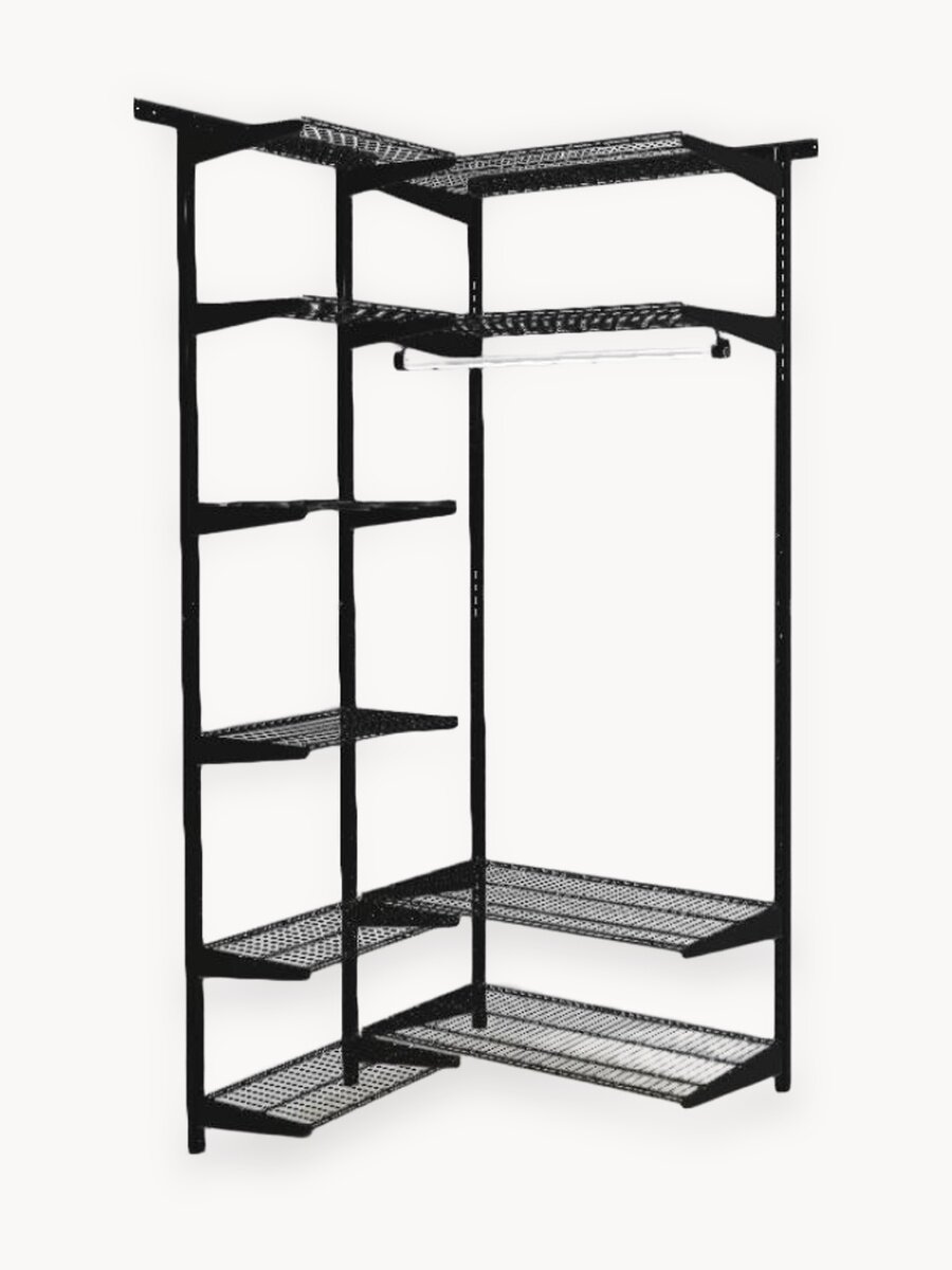 Гардеробная система хранения угловая 90x90см. Со съёмными полками и штангой для одежды. Чёрная