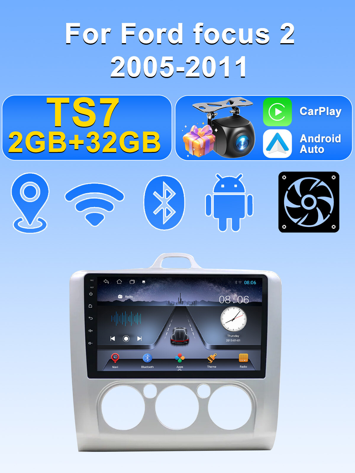 Магнитола для Ford focus 2 2005-2011 , Автомагнитола для Форд фокус 2 ,2din android 2+32G Мультимедиа Bluetooth FM WIFI Автомобильный