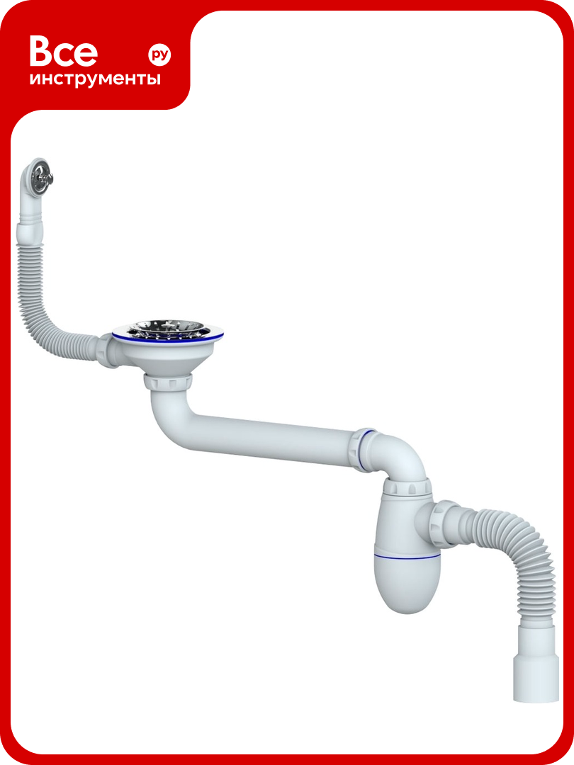 Сифон Unicorn 3 1/2 bc23 со смещением, круглый перелив, с гофрой 40x40/50, плоский из TPE и PVC для кухонной мойки