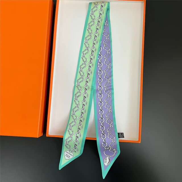 Новейшая цепочка, брендовый дизайн, саржевый шелковый шарф, роскошный шарф, женский платок, узкая сумка, шарфы, модный шейный платок, повязка на голову