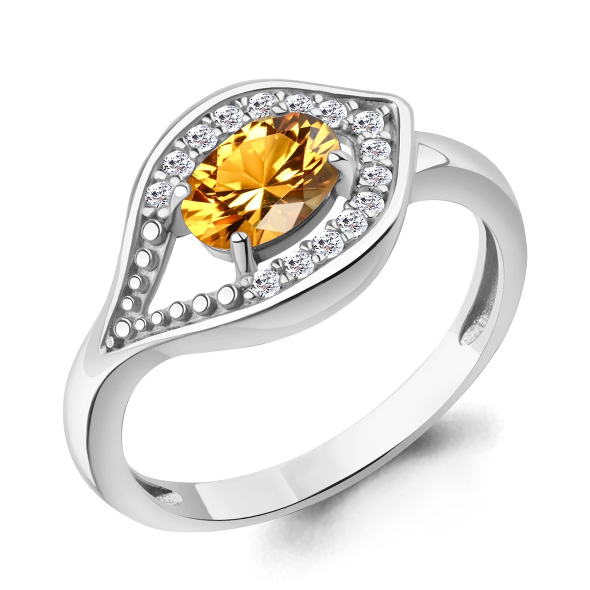 Кольцо, серебро, 925 проба, родирование, цитрин, фианит