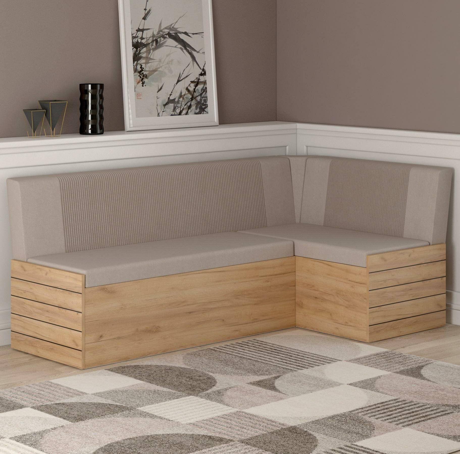 Диван для кухни угловой "Эдисон" PRIME (со спальным местом) L=194 см дуб крафт золотой ловерс капучино