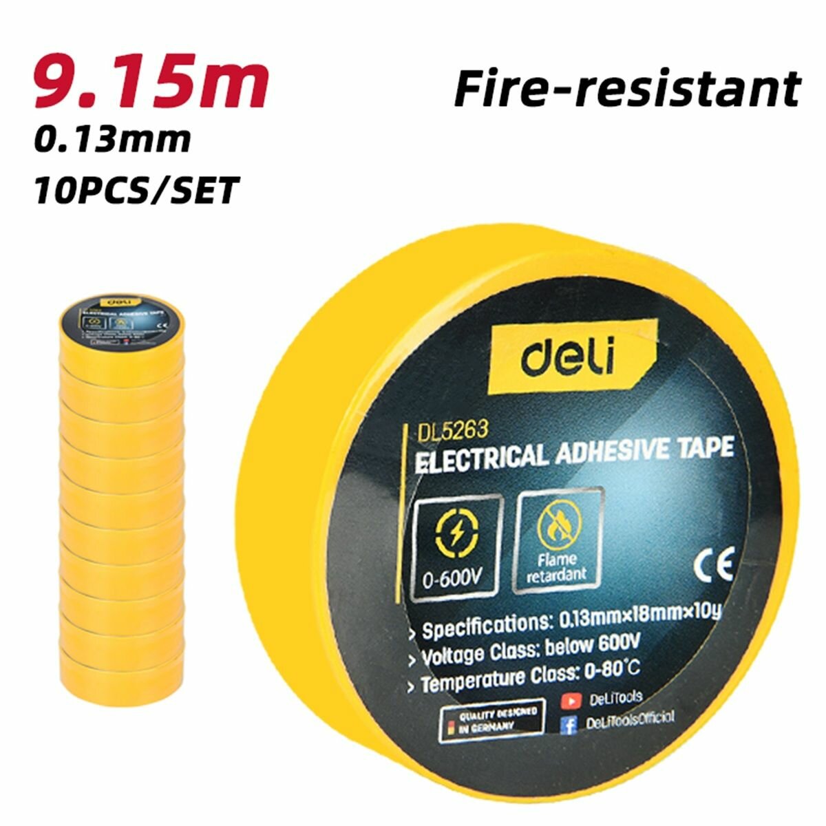 Изолента желтая 9м х 18мм х 0,13мм Deli DL5263 (напряжение до 600В, 0-80 грд, ПВХ)