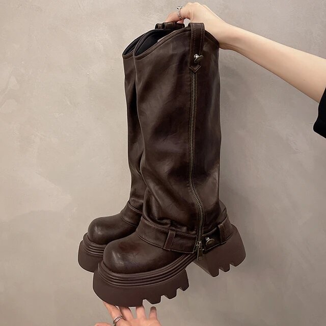 Дизайнерские винтажные женские сапоги до колена, модные ботильоны-рыцари, длинные, женские, повседневные, на платформе и каблуках